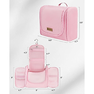 MULISOFT Toiletry Bag for Women, Hanging Travel Toiletry Bag with Large Capacity, Water-resistant Makeup Bag with 16 Compartments for Toiletries and Cosmetics, Toiletry Organizer Bag, Rose Pink