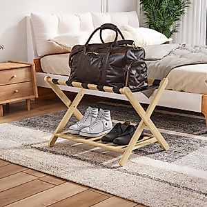 Smuxee Fully Assembled Luggage Rack for Guest Room, Upgraded Bamboo Foldable Suitcase Stand with 5 Nylon Straps, Nature Luggage Holder with Shelf for Bedroom Hotel (Nature Luggage Rack 1pcs)