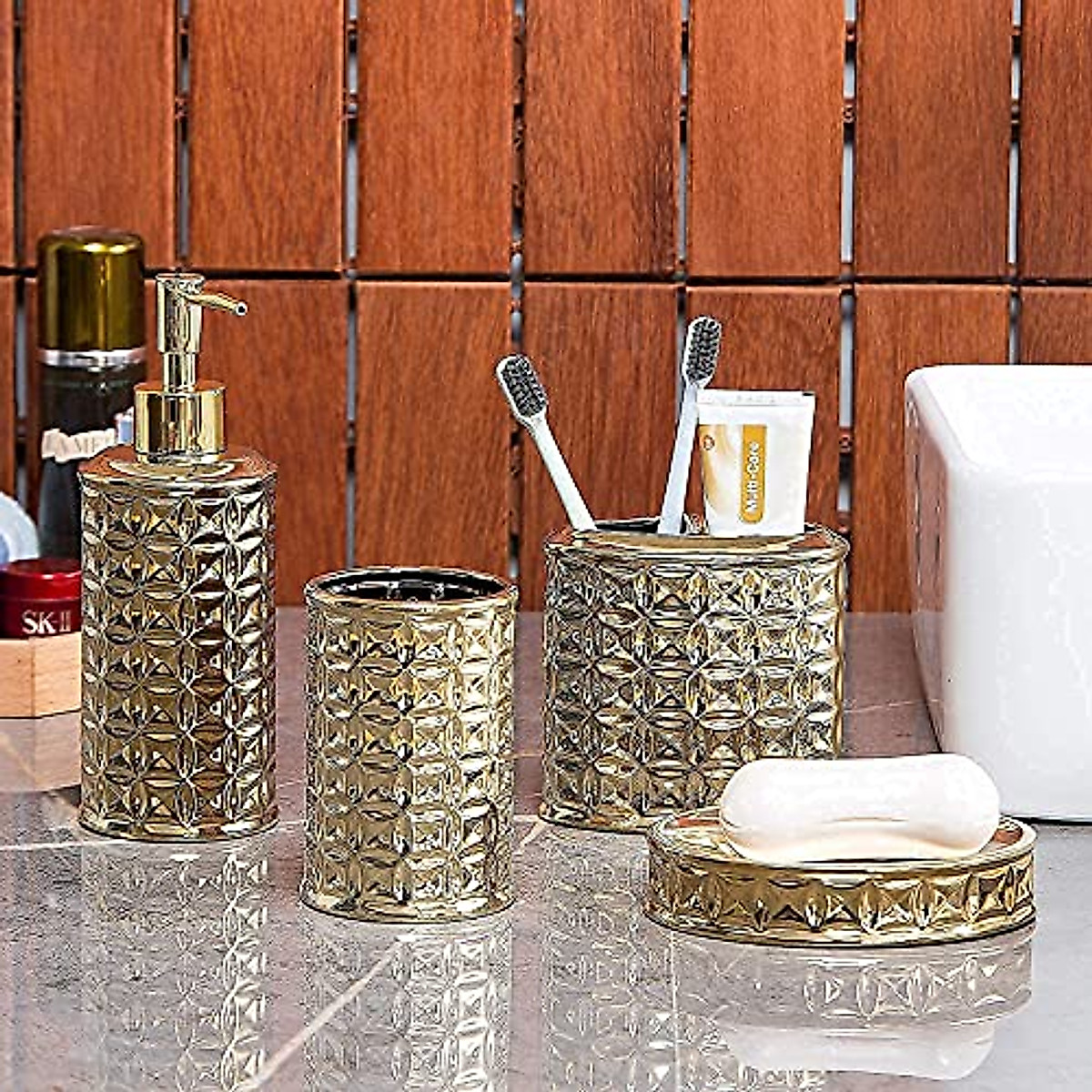 BASDHE Bathroom Accessories Set-5 Piece Ceramic Gift Set Toothbrush Holder,Toothbrush Cup,Soap Dispenser,Soap Dish,Trash Can, Set Bathroom (Yellow)
