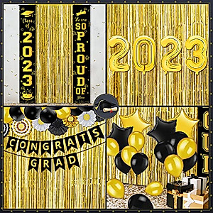 Class of 2023 Graduation Decorations, Black Gold Graduation Party Decor Kits, Banner, Balloons, Large Congrats Grad Party Supplies, Congrats Grad Decorations For Senior High School College Photo Prop