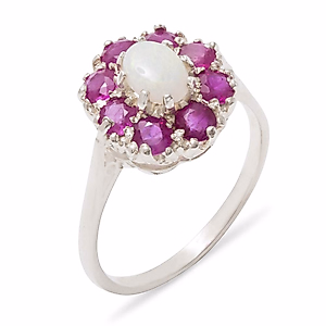 LetsBuyGold 925 Sterling Silver Real Genuine Opal and Ruby Womens Cluster Engagement Ring - Size 6