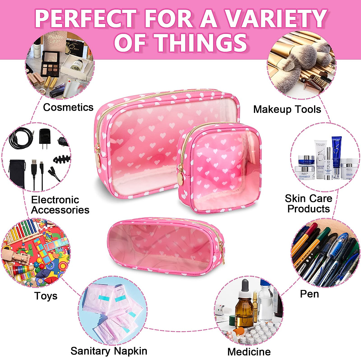 Clear Small Makeup Bag with Zipper, Nylon&PVC Cosmetic Travel Bag Preppy TSA Approved Toiletry Bag for Women Girls, Transparent Waterproof Makeup Pouches Cute Travel Bag for Purse(Small-Pink Heart)