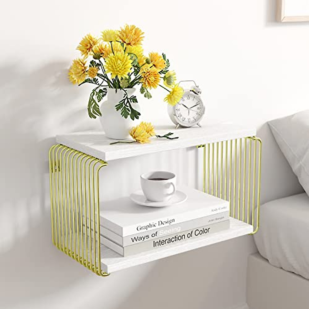 Filano Floating Nightstand 2 Tier Modern Geometric White Nightstand Wall Mounted Nightstand Bedside Shelf Floating Shelves for Bedroom Living Room White