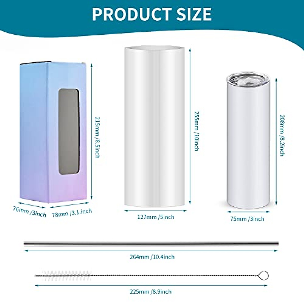 MAFYE Sublimation Tumblers, 6pack 20 oz Skinny Straight Tumbler with Straw Lids, Sublimation Shrink Wrap & Tumbler Cards Sublimation Blanks Product Stainless Steel Tumbler for Mug Press, Present Box