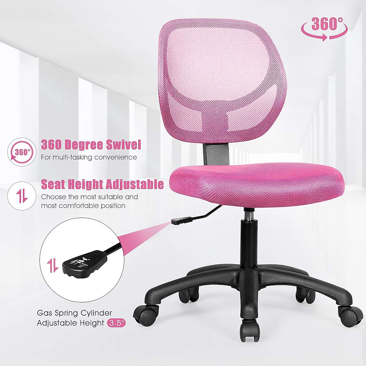 POWERSTONE Small Desk Chair Home Office Chair Armless Adjustable Swivel Ergonomic Office Computer Mesh Chair Low Back Task Chair for Small Spaces Pink