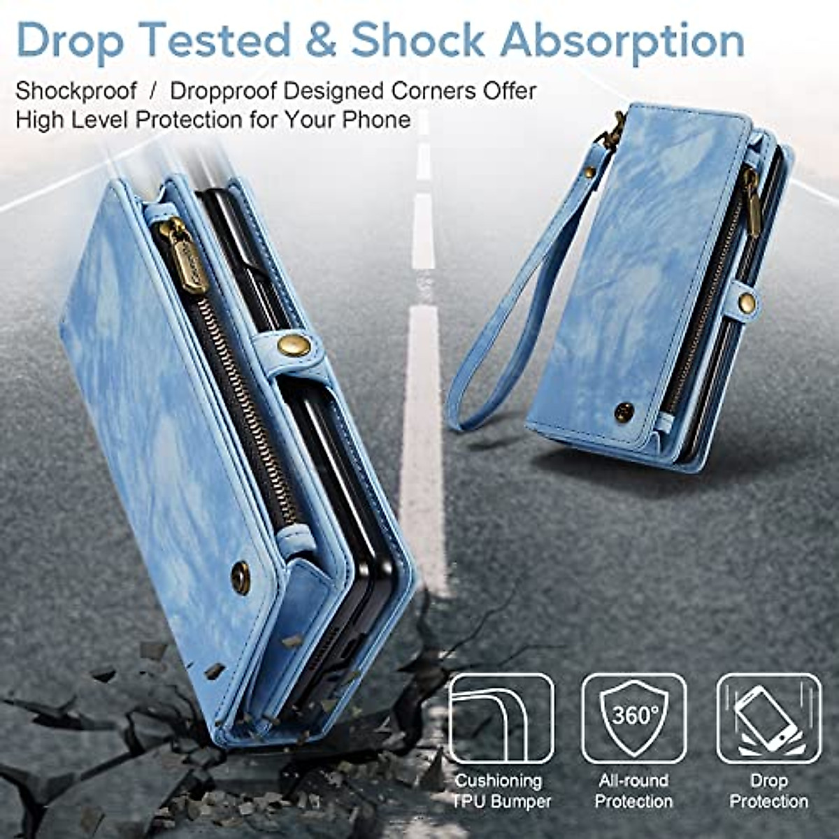 Zttopo for Samsung Galaxy Z Fold 4 Case, 2 in 1 Galaxy Z Fold 4 Wallet Case with Premium Leather Zipper Lanyard Card Holder, Durable Wristlet Flip Case Wallet Money Pocket Cover, Sky Blue