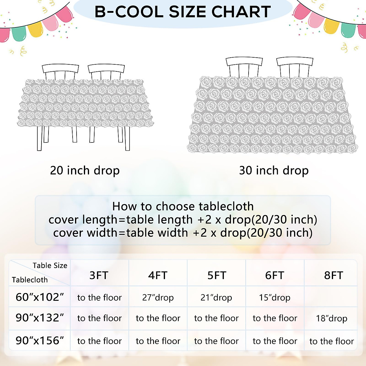B-COOL White Table Cloth Rectangle 60 x102 Inches for Parties Rosette Wedding Tablecloth Party Table Decor Satin Floral Table Cover for Baby Shower Home Decorations