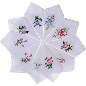 Olgaa 20pcs Women Floral Handkerchiefs Vintage Floral Embroidered Cotton Ladies Handkerchiefs, White, 28cmx28cm