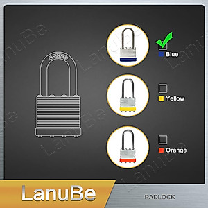 LanuBe Laminated keyed Padlock (1-9/16", 40mm), keyed Alike Locks, Long Shackle,Marked Blue Plastic Hoop, Pack of 24