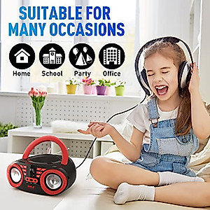 Pyle Portable CD Player Bluetooth Boombox Speaker - AM/FM Stereo Radio & Audio Sound, Supports CD-R-RW/MP3/WMA, USB, AUX, Headphone, LED Display, AC/Battery Powered, Red Black - PHCD22.5