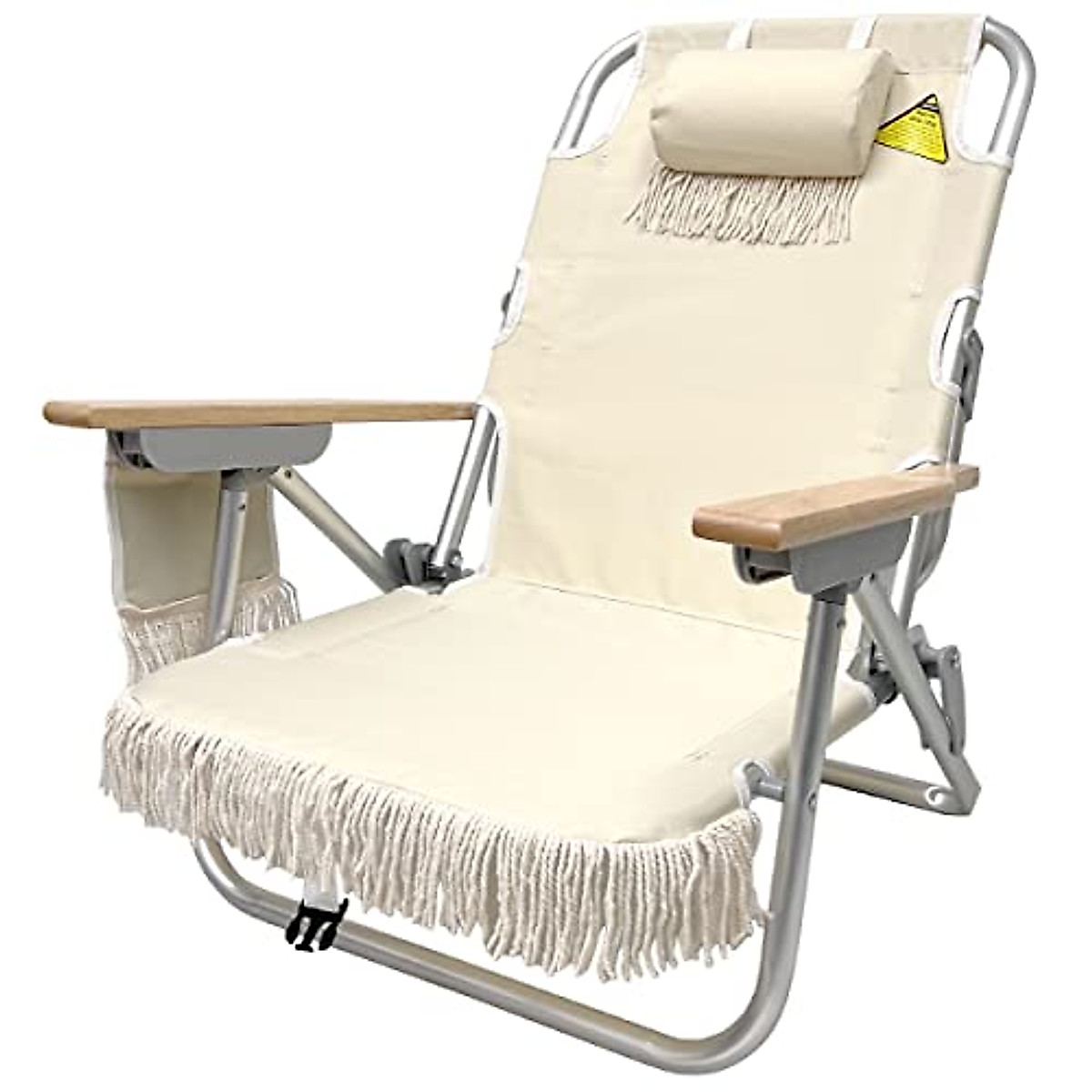 EasyGoProducts Tassel Backpack Beach Chair 5 Positions and Cup Holder Pouch on Side-Padded Pillow-Storage Bag on Back – Lightweight Rustproof Aluminum – Black Frame, 1 Pack TAN