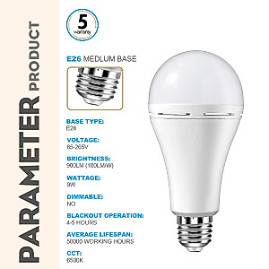 HOLDWILL 5 Pack Rechargeable Emergency LED Bulb, Multi-Function Battery Backup Emergency Light for Power Outage Camping Outdoor Activity 9W 900LM 60W Equivalent White Daylight 6000K with E26/E27 Base