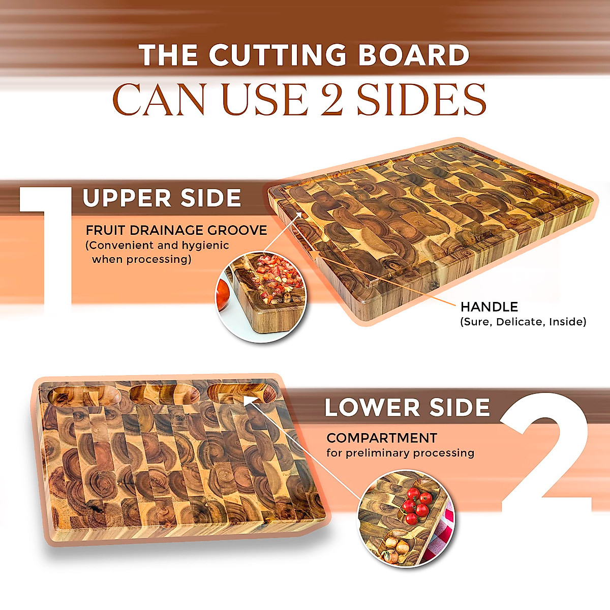 Cutting Board (17x13x1,5in) End Grain Cutting Board, Acacia Wooden Cutting Board, Butcher Block, Chopping Board - Reversible Multipurpose For Kitchen with Juice Groove, Cracker Holder & Inner Handles.