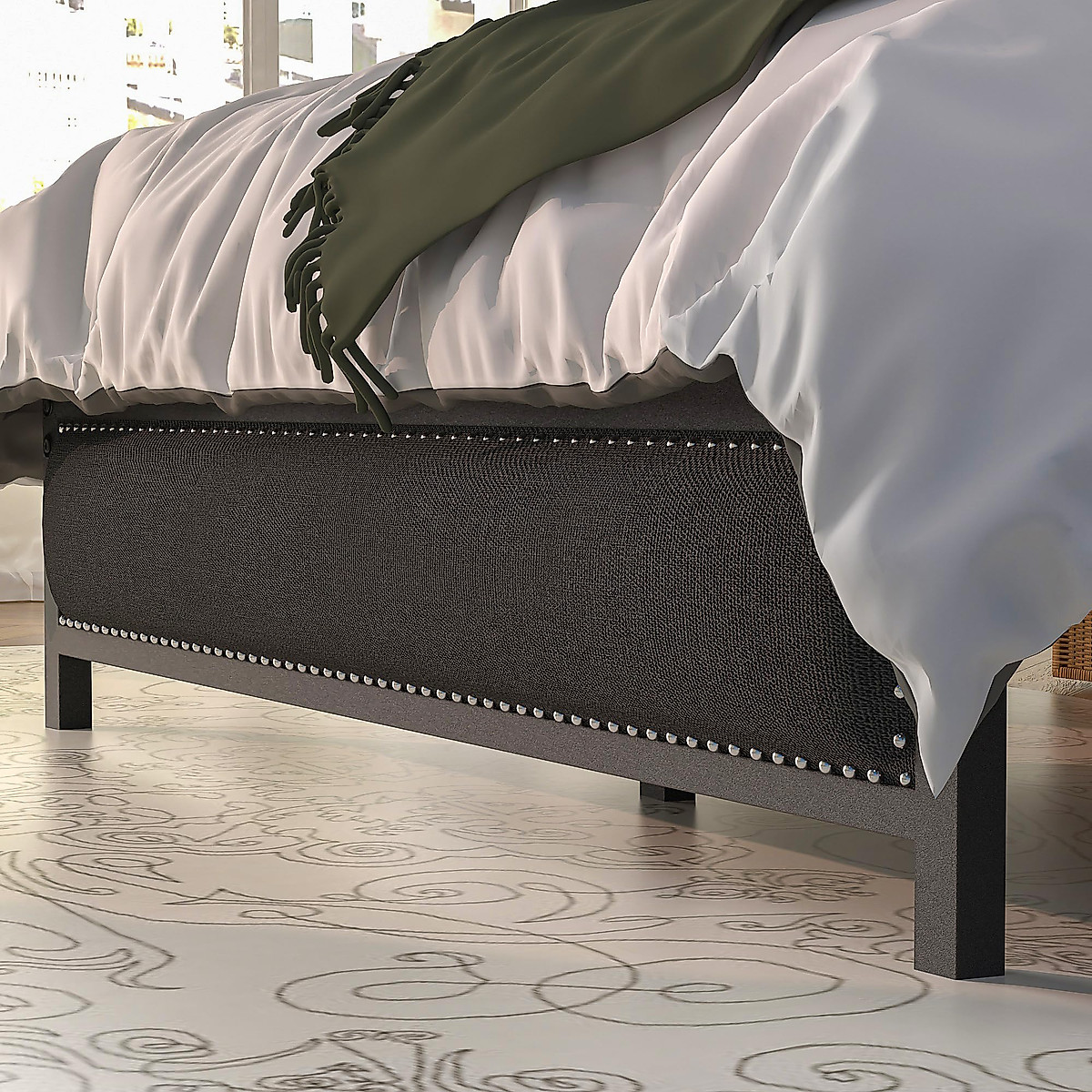 VECELO Queen Size Bed Frame with Linen Fabric Headboard and Footboard, Heavy-Duty Platform with Strong Steel Slats, No Box Spring Needed, Easy Assembly, Black