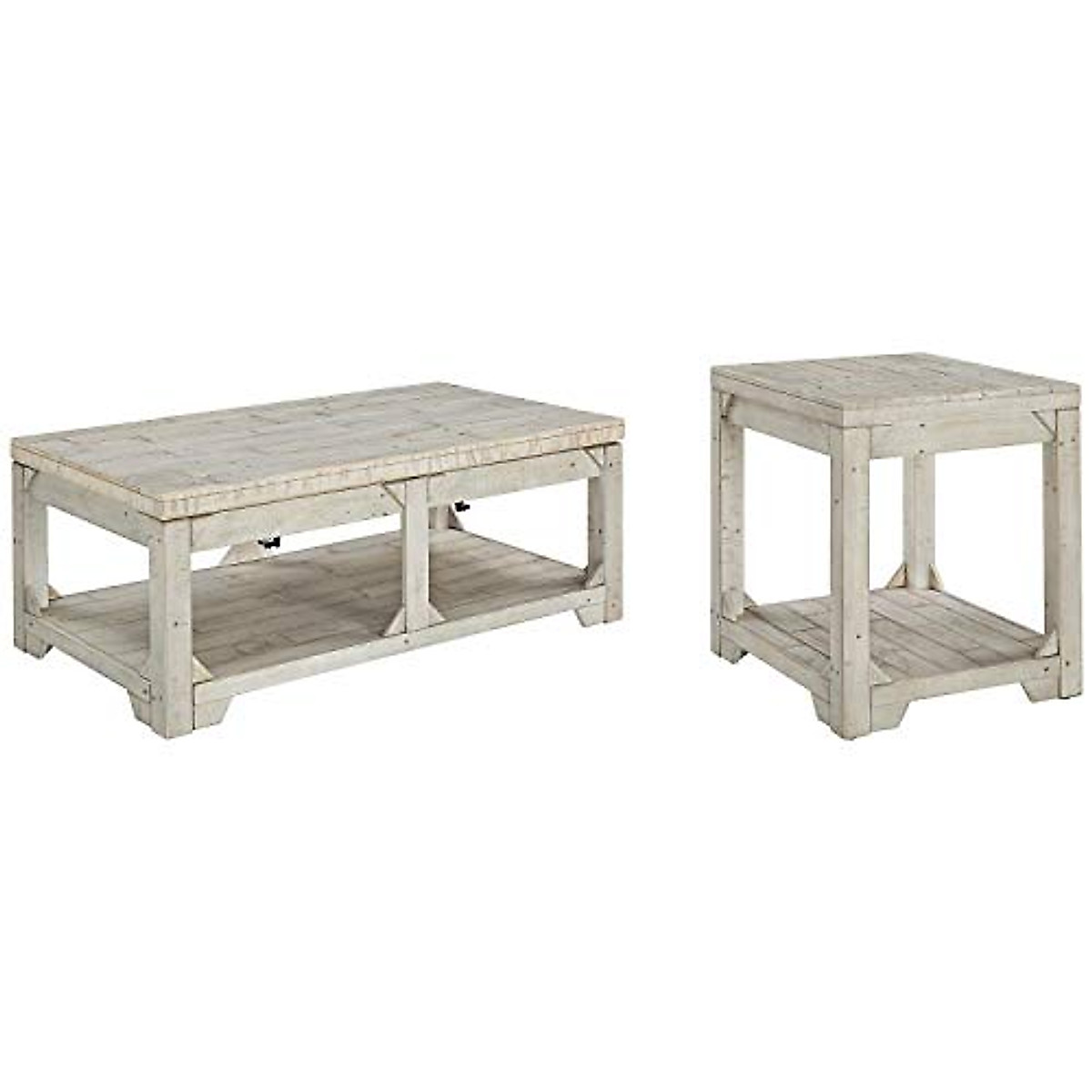 Signature Design by Ashley Fregine Farmhouse Rectangular Lift Top Coffee Table with Floor Shelf, Whitewash with Weathered Finish