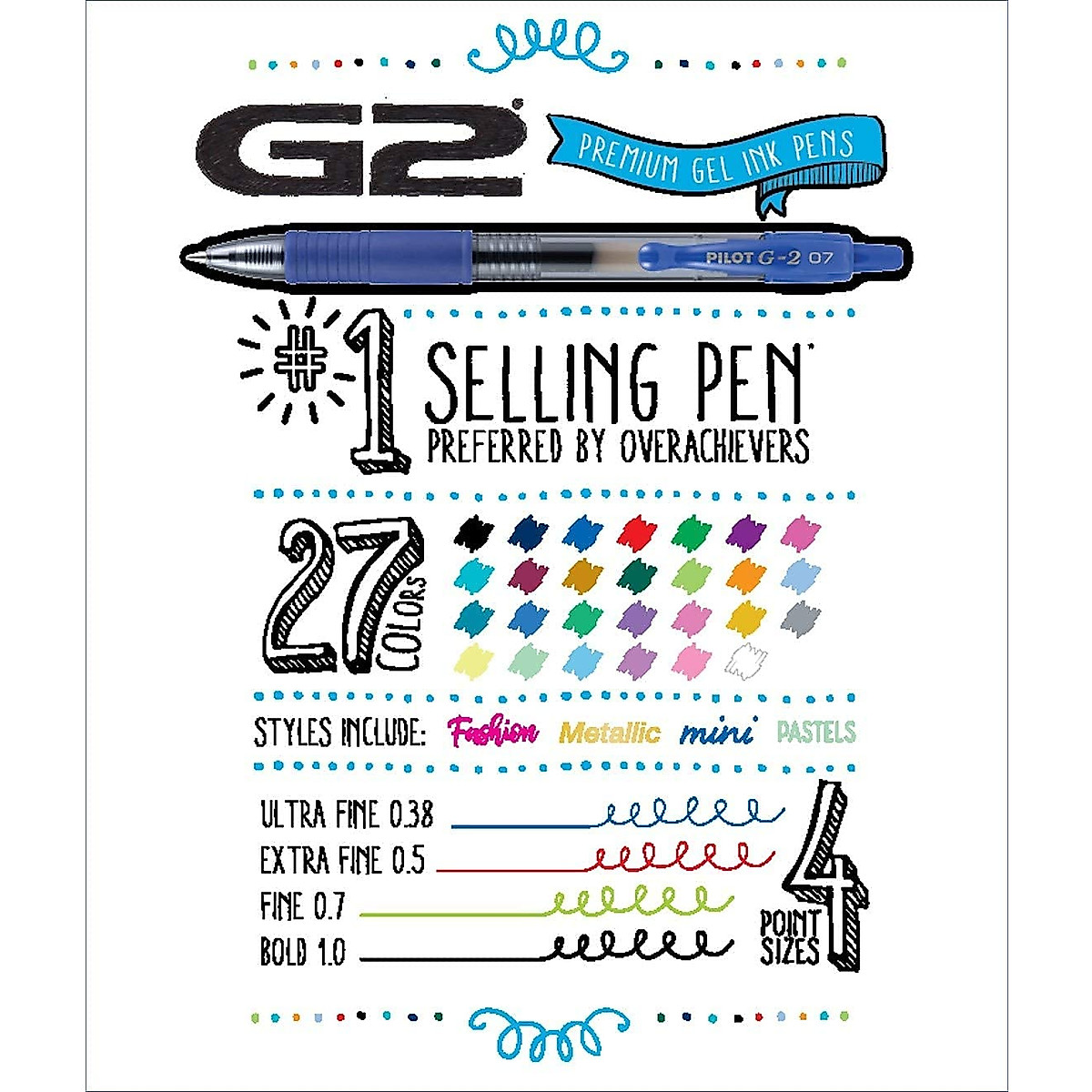 Pilot, G2 Premium Gel Roller Pens, Fine Point 0.7 mm, Blue, Black, Pack of 8