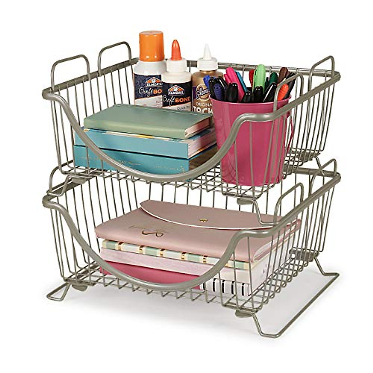 Spectrum Diversified Ashley Stackable Tray, Wire Basket with Raised Feet and Looped Handles Modular Stacking Bin System for Kitchen Countertop & Desk Organization, Satin Nickel