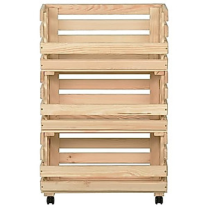 loibinfen Wooden Vegetable Trolley, 3-Tier Wood Kitchen Rolling Cart, Wood Trolley Island Cart, Utility Cart Multi-Layer Storage Shelf Rack on Wheels, 14.6"x11.8"x31.5" Solid Wood Pine -295