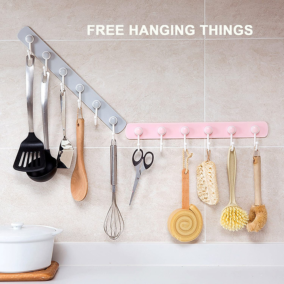 Adhesive Wall Hooks with 6 Rotating Hooks, Pink Rack Wall Hooks for Hats and Coats, Perfect for Hanging Kitchen Utensils and Towels in Kitchen and Kids Bedroom(1PACK)