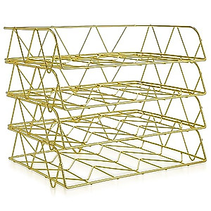 Yeaqee 4 Tier Stackable Paper Tray Gold Desk Organizer Rack Metal Letter Desk File Organizer Horizontal Holder File Trays for Desk Office Desktop School Supplies and Accessories