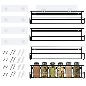 Wall Mounted Spice Rack Organizer for Cabinet Door, Set of 4 Condiment Seasoning Organizer Wall Spice Rack Hanging Shelf for Spice Jars, Spice Jar Holder for Kitchen Cabinet Pantry Door (Black)
