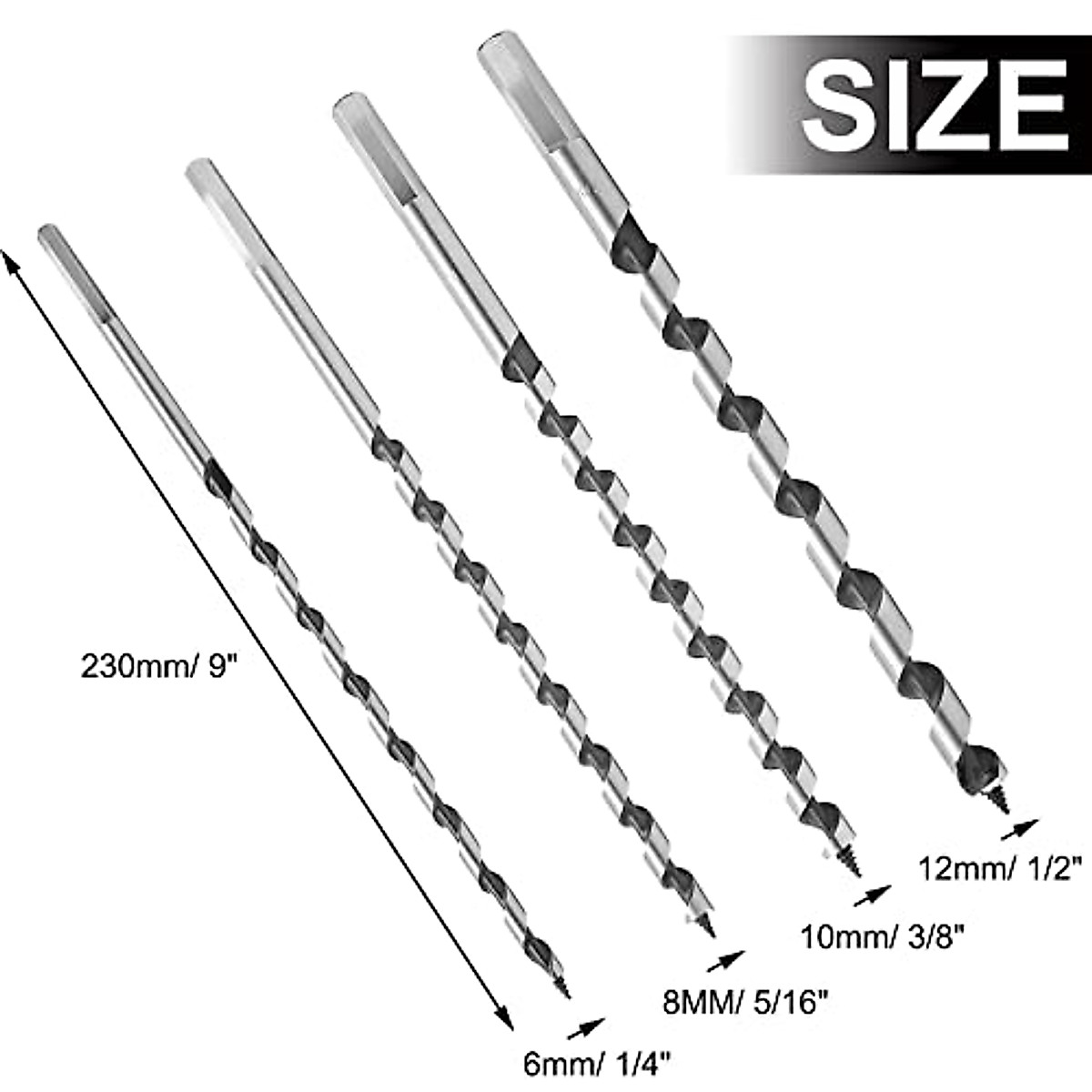 LDEXIN 4 Pcs 9" (230mm) Length Wood Auger Drill Bit Set, 6/8/10/12mm Hex Shank Ship Auger Bit Brad Point Auger Drill Bits for Hardwood, Softwood