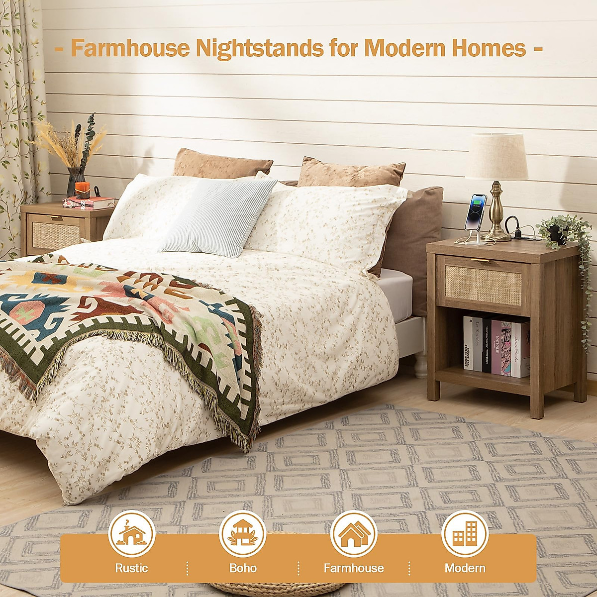 SICOTAS Rattan Nightstand Tall End Table - Farmhouse Side Table with Storage Cabinet Boho Night Stand Bedside Table for Bedroom, Small Space