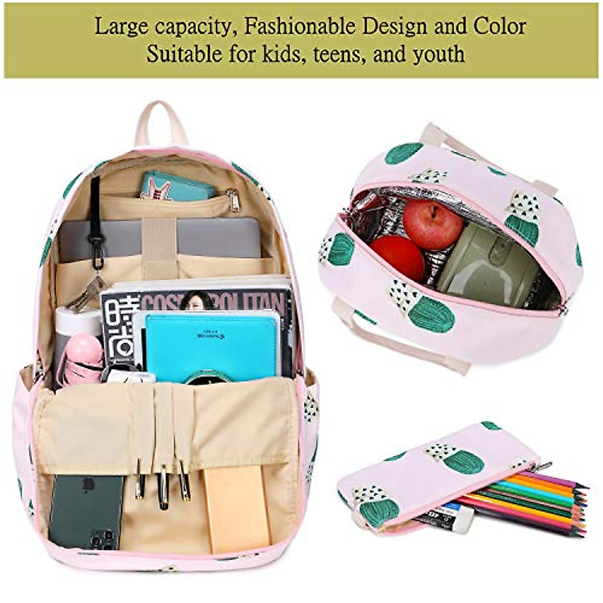 School Backpack Set 3 Pieces Lightweight Teen Girls Bookbags Insulated Lunch Bag Pencil Case (Cactus)