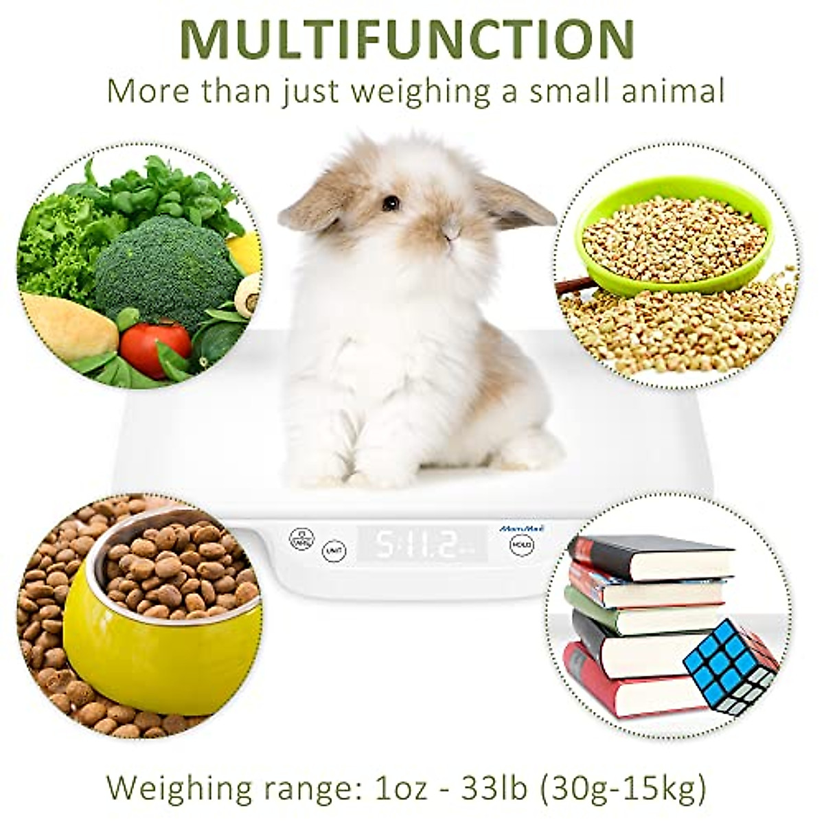 MomMed Digital Pet Scale, Portable Pet Dog Cat Scale with Hold and Tare Function, Precision Digital Scale, New Born Puppy and Kitten Scale with Tray for Puppy/Hamster/Little Bird/Rabbit, 1oz - 33lb
