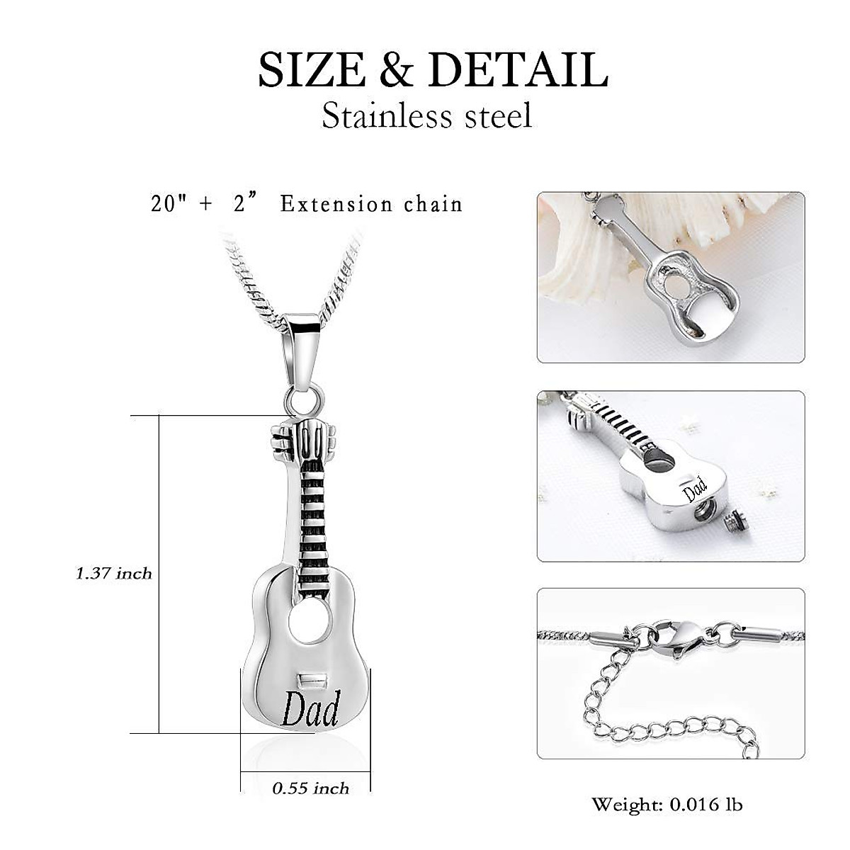 Yinplsmemory Jewelry Carved Guitar Cremation Pendant Ashes Holder Memorial Urn Necklace Keepsake (Dad)