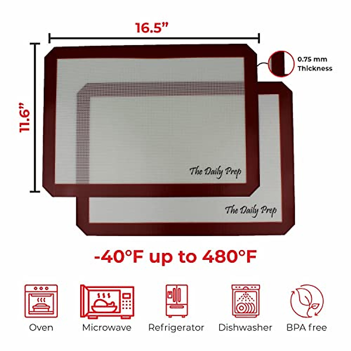 THE DAILY PREP Red Silicone Baking Mats, Nonstick Baking Sheets for Bake Pans & Rolling, Thick .75mm, Food Grade Oven Mat, Microwavable Silicone Sheet, Freezable- 11 5/8 in x 16.5 in (Pack Of 2)