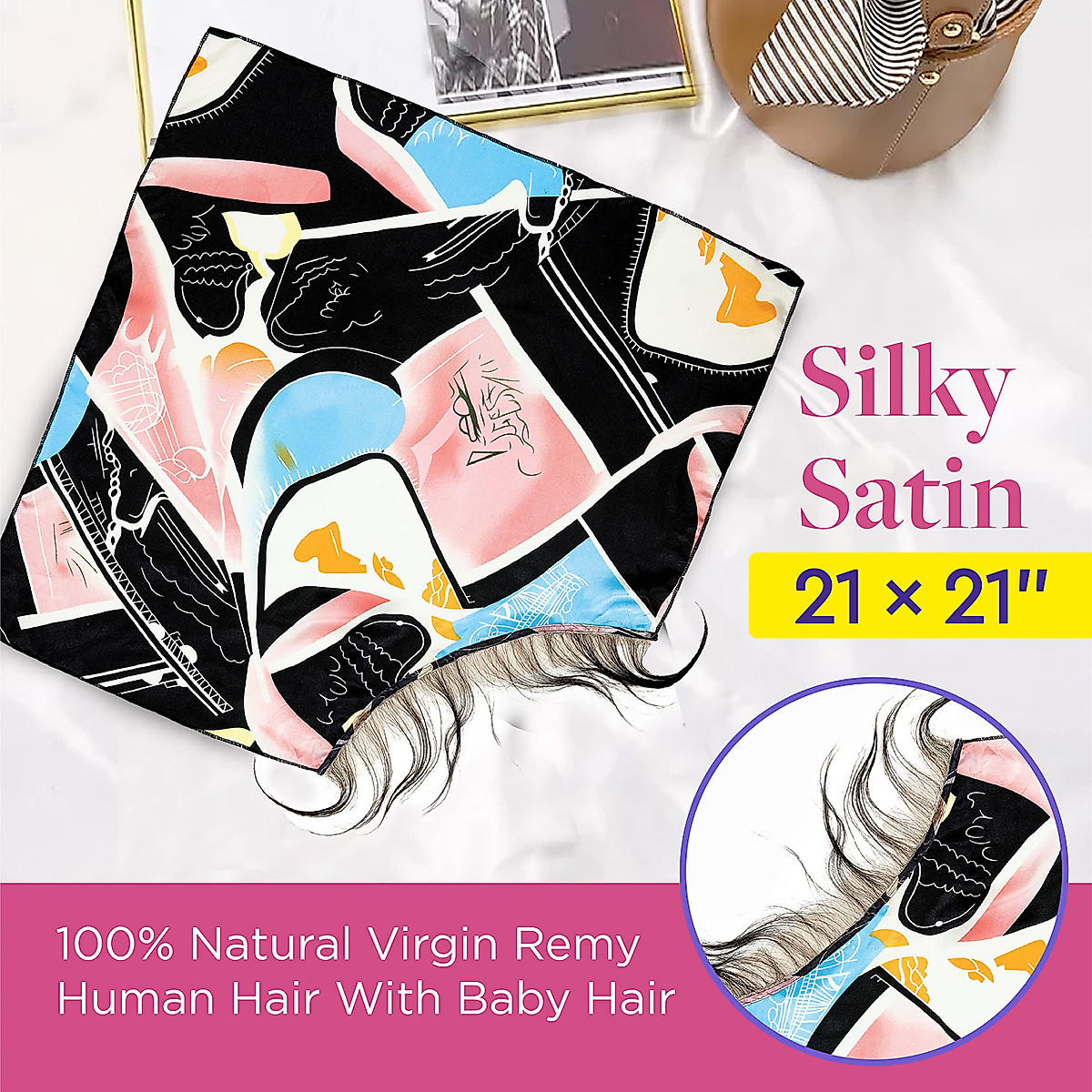 Janet Collection Melt LaFichu Edge Scarf with Baby Hair –Satin Head Wrap for Edge Style – Hand Knotted Scarf with Baby Hair (MONET)