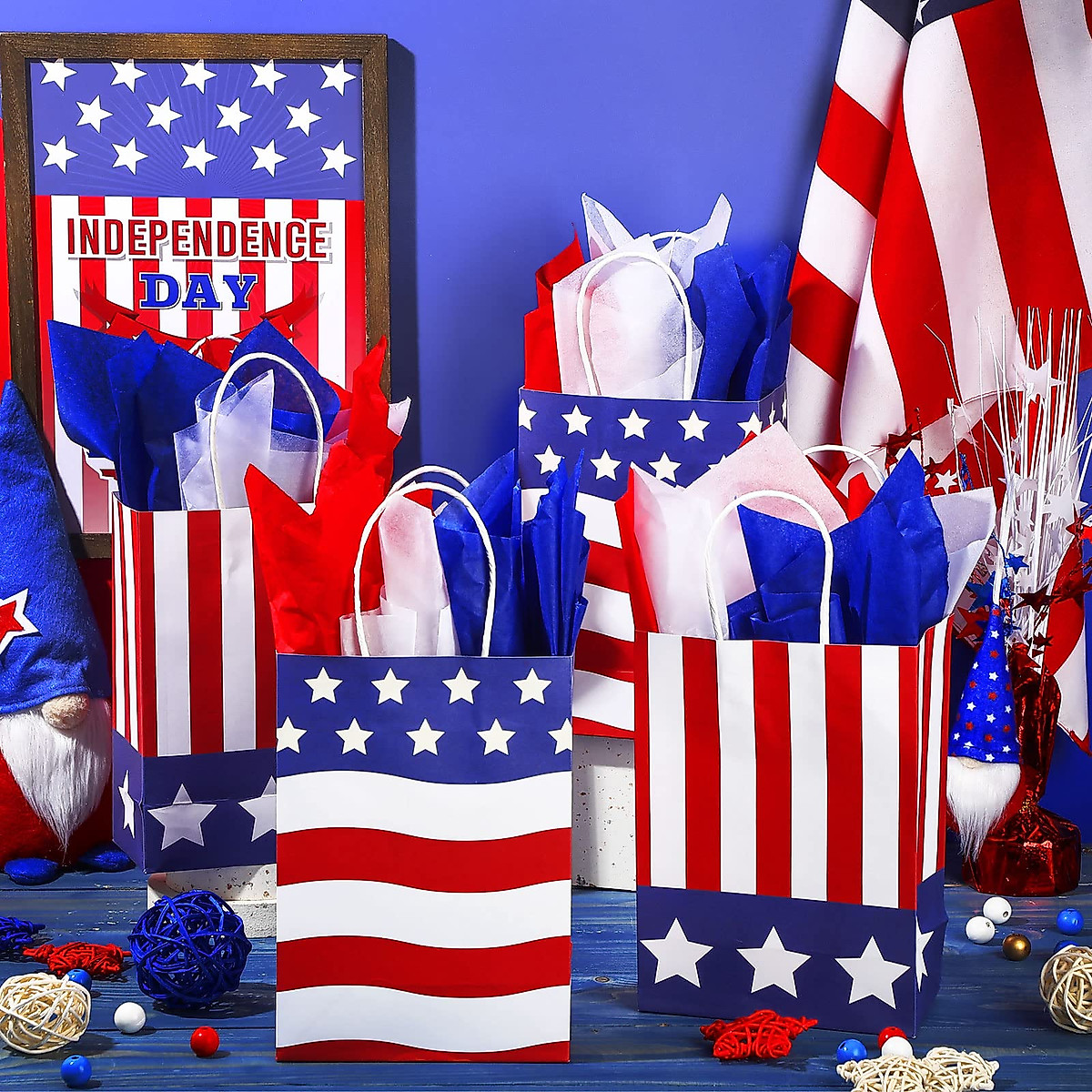 16 Pieces Patriotic Gift Bags with Handle with 18 Pcs Tissue Paper 4th of July Gift Bags American Flag USA Gift Bags for Veterans Day Memorial Day Independence Day Party (Cute Style)
