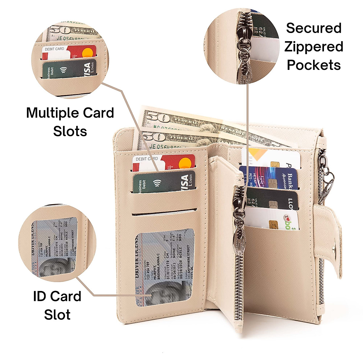 Cute Women’s Wallet, Bifold Slim Large Capacity Vegan Wallet For Women, Compact Design Stylish Wallet for Ladies (Beige)