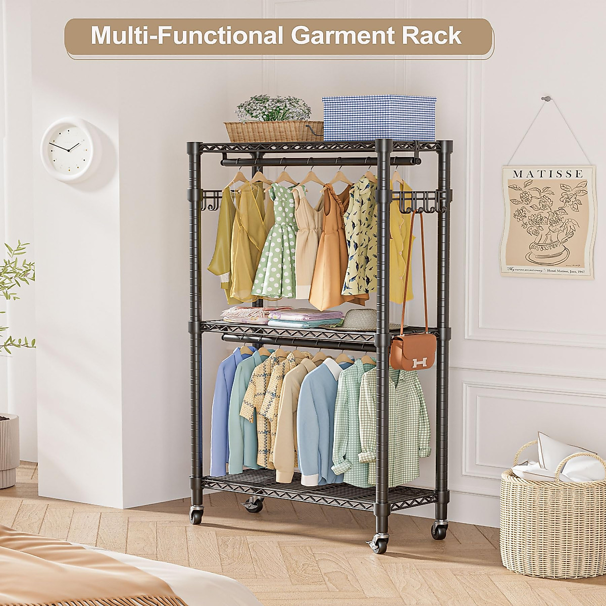 Maiproo Mini Clothing Rack Heavy Duty Clothes Rack with Wheels 3 Tiers Wire Shelving Adjustable with Double Rods and Side Hooks Rolling Clothing Racks for Hanging Clothes Coat Rack Freestanding