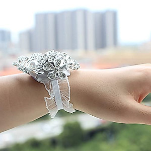 WANLIAN Wrist Corsage with Peal and Rhinestone Corsage and Boutonniere Set for Wedding,Prom,Party (Silver Gray，2 Pieces)
