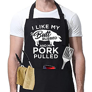Miracu Funny Cooking Aprons for Men, Mens Grilling BBQ Aprons with Pockets - I Like My Butt Rubbed & My Pork Pulled - Fathers Day, Birthday Gifts for Men, Husband, Boyfriend, Guy, Dad, Friends, Him