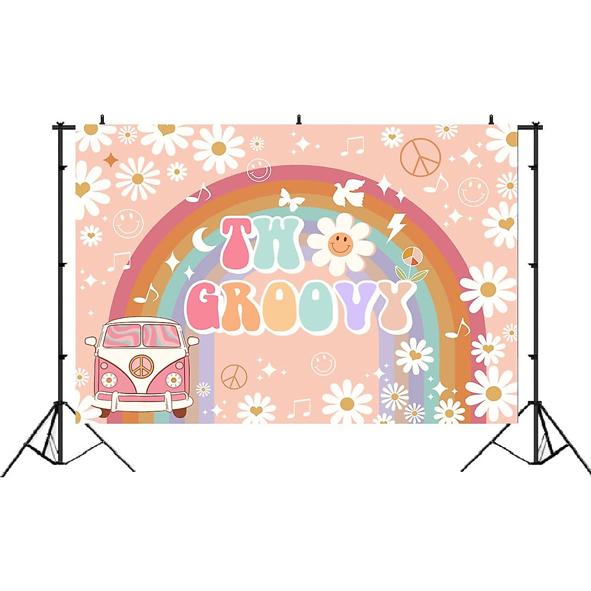 Lofaris Two Groovy Birthday Party Backdrop Hippie 70's Retro 10th Birthday Background Girls 2 Years Old Party Cake Table Banner Supplies 5x3ft
