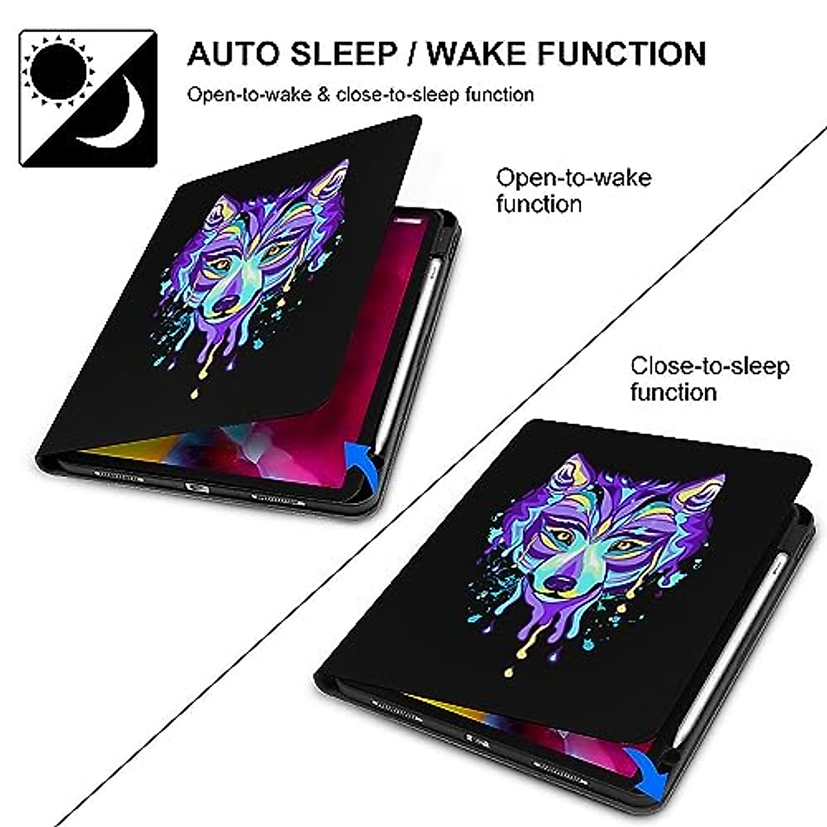 Colorful Wolf Heads Protective Case Compatible with IPAD 2020 AIR 4 （10.9in） Stand Case Auto Sleep/Wake Cover