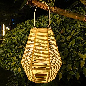 Rattan Outdoor Solar Lantern - Waterproof Hanging Table Solar Lanterns - White Woven Decorative Solar Lamp Lights with Handle for Patio Yard Garden Decoration (Edison Bulb)