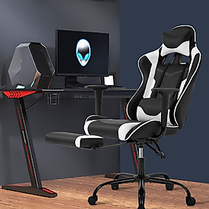Gaming Chair Ergonomic Computer Racing Style Office Chair Adjustable High Back Gamer Chair for Home Office with Footrest Headrest Lumbar Support,White