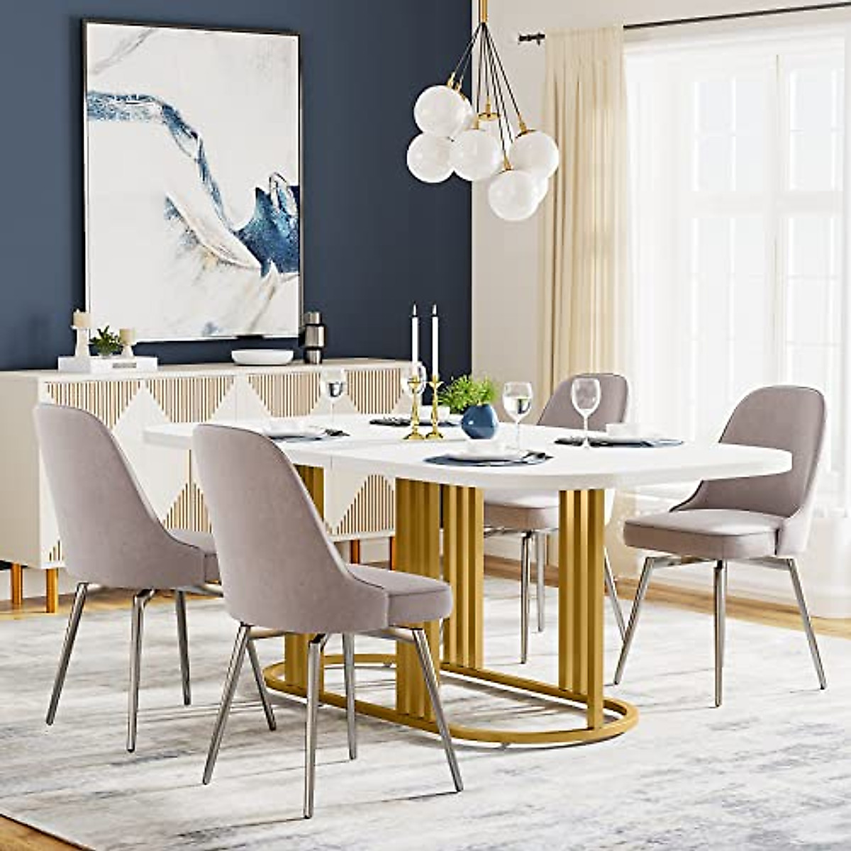 Tribesigns Gold Dining Table for 6, 71” Modern White Kitchen Table, Rectangular Dining Room Table with Heavy Duty Oval-Shaped Metal Frame, White/Gold