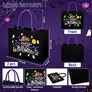 ERTIUANIO 14'' Halloween Trick or Treat Bags, Glow in The Dark Halloween Candy Tote Bag with Handle, Canvas Halloween Tote Bag, Reusable Halloween Bags for Trick or Treating, Halloween Party (2PCS