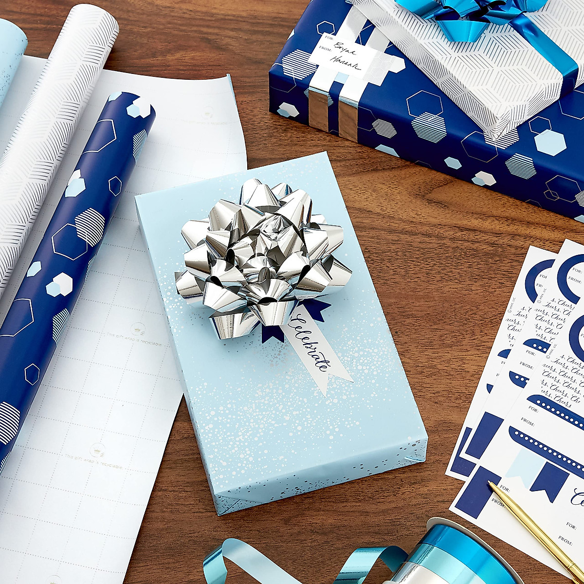 Hallmark Blue and Silver Wrapping Paper Set (3 Rolls: 90 Sq. Ft. Ttl, 10 Bows, Ribbon, Gift Tag Stickers) for Birthdays, Hanukkah, Father's Day, Graduations, Weddings