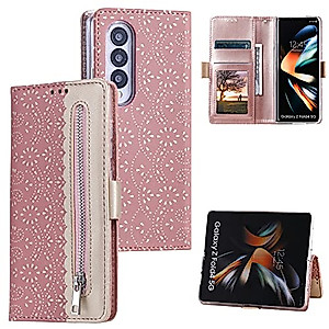Compatible with Samsung Galaxy Z Fold4 5G 2022, Leather Zipper Wallet Flower Lace Pattern Case with Credit Card Slots Holder Cover Case for Galaxy Z Fold 4