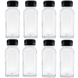MYYZMY 8 Pcs 8 Ounce Plastic Juice Bottles, Reusable Bulk Beverage Containers for Juice, Milk and Other Beverages, Black lid