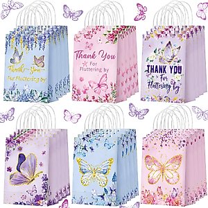 Outus 24 Pcs Butterfly Party Favors Bags Purple Blue Butterfly Gift Goodie Bags Butterfly Paper Bags Pink Butterfly Thank You Candy Treat Bags with Handles for Butterfly Birthday Party Decor Supplies