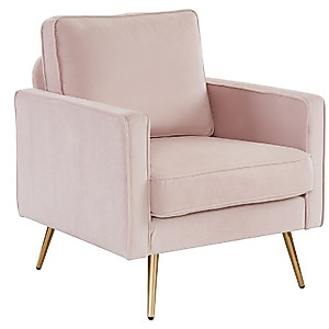 VINGLI Modern Pink Velvet Accent Chair for Living Room,Bedroom Comfy Chair Arm Chair Reading Chair with Golden Metal Legs and Deep Seat for Office,Apartment,Small Space