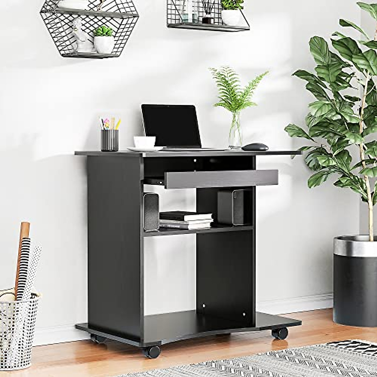 HOMCOM Computer Desk Cart, Mobile Small Office Workstation with Slide-Out Keyboard Tray, Adjustable Shelf, & CPU Stand, Black