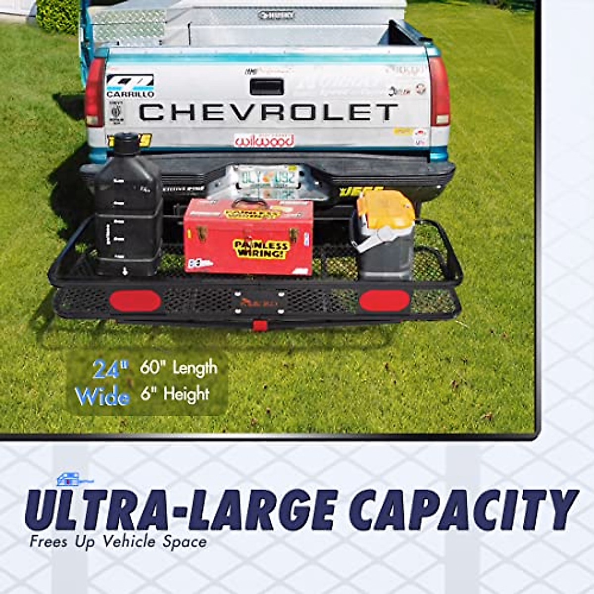 KING BIRD Folding Hitch Cargo Carrier 60x24x6 with 18 Cuft Waterproof Bag & Hitch Stabilizer& Ratchet Straps Fits to 2'' Receiver,550LBS Capacity Cargo Basket | Trailer Tow Hitch Cargo Carrier